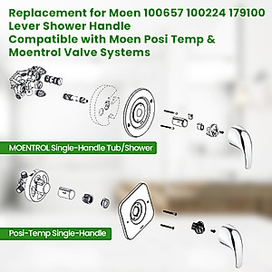 Shower Handle Replacement for Moen 100657 100224 179100 Lever Shower Handle, Compatible with Moen PosiTemp Valve Systems, Lever Shower Handle Kit for Single Handle Tub and Shower Faucets, Chrome