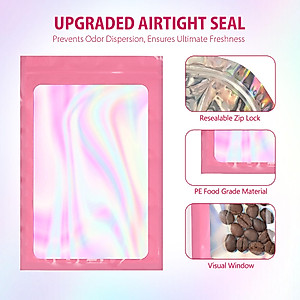 100PCS Smell Proof Mylar Bags Holographic Packaging Pouch Bag with Clear Window,3x4inch Resealable Ziplock Foil Pouch Bags for Food Storage, Candy, Jewelry, Electronics Storage (Pink)