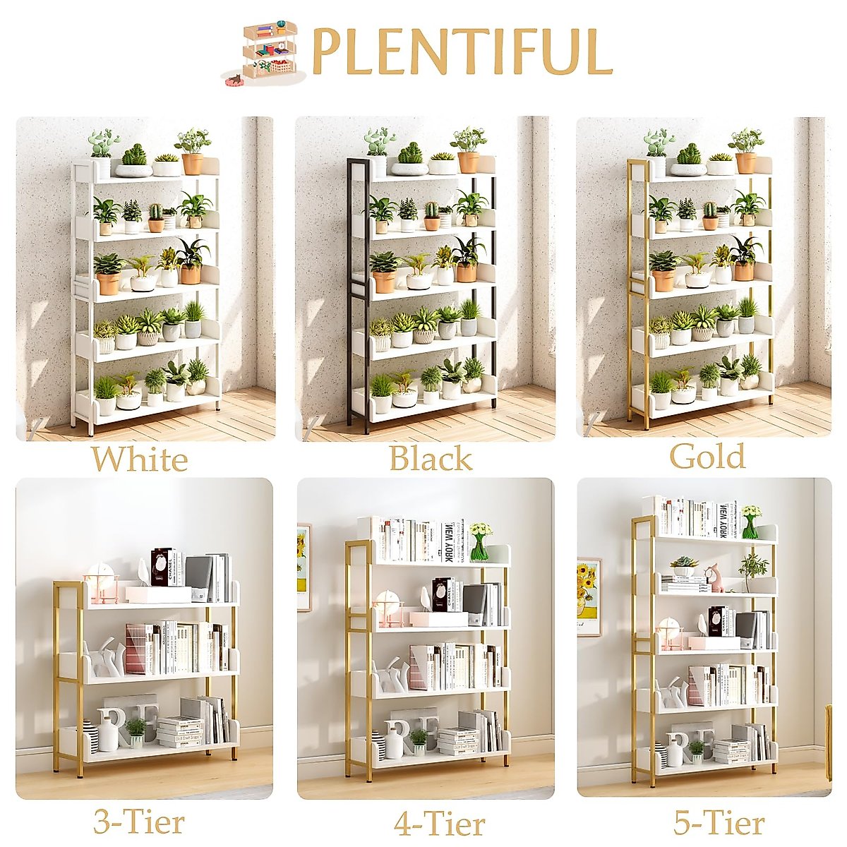 OSCHF Wide Open Shelf Bookcase - Modern 4-Tier Floor Standing Display Bookshelf with Three-Side Baffles for Home and Office, Storage Shelving in Warm White with Gold Frame