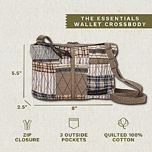 Bella Taylor Essentials Crossbody Purse with Built In Wallet, Quilted Cotton Ashmont Tan, Grey and Cream Patchwork