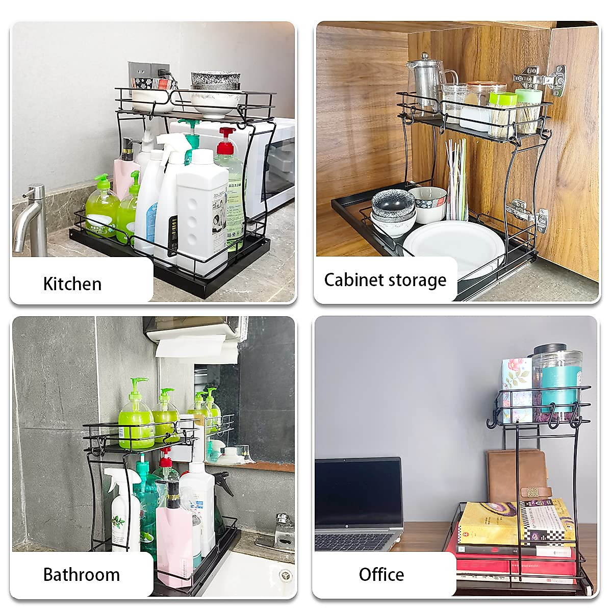 JorJorLer Pull Out Cabinet Organizer Under Sink Organizers and Storage Kitchen Cabinet Storage Shelf with 2 Tier Sliding Wire Drawer for Inside Kitchen Cabinet or Under Sink