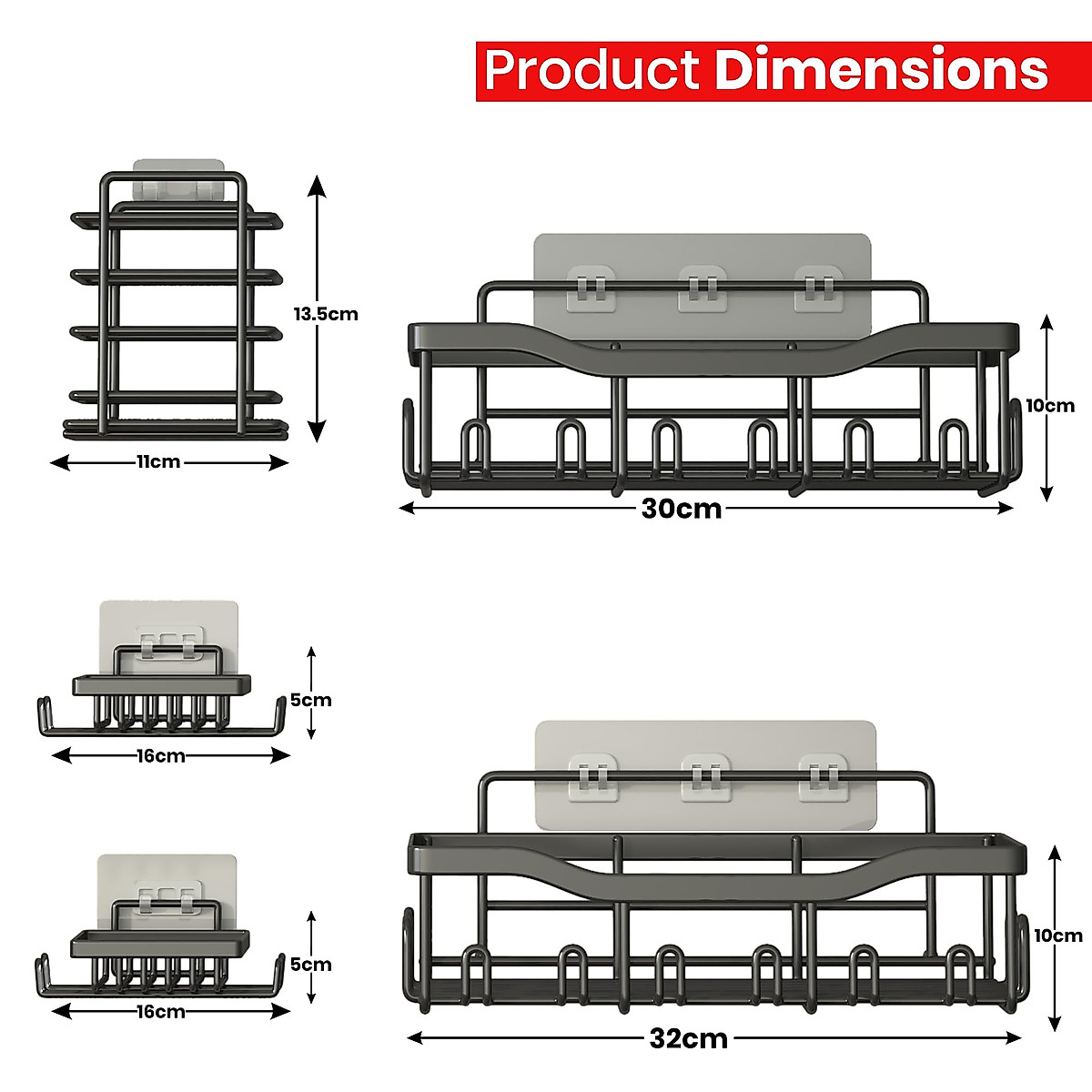 WOKIT Shower Caddy, Bathroom Accessories, Shower Organizer with Self Adhesive for Bathroom, Rustproof Stainless Steel Dorm Room Essentials, Perfect for Kitchen Storage-Set of 5 Racks