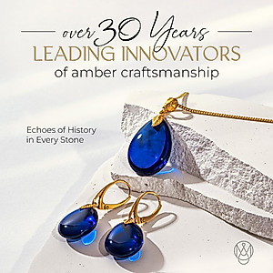 Blue Amber Earrings for Women - Yellow Gold Plated Silver Closure, Polished Drop Amber, 1.69x0.59inch 0.19oz Lightweight Semi Precious Stone, Dainty Jewelry for Ladies - Amber by Mazukna