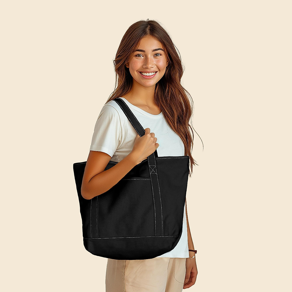 DALIX 20" Solid Color Cotton Canvas Shopping Tote Bag in Black-White