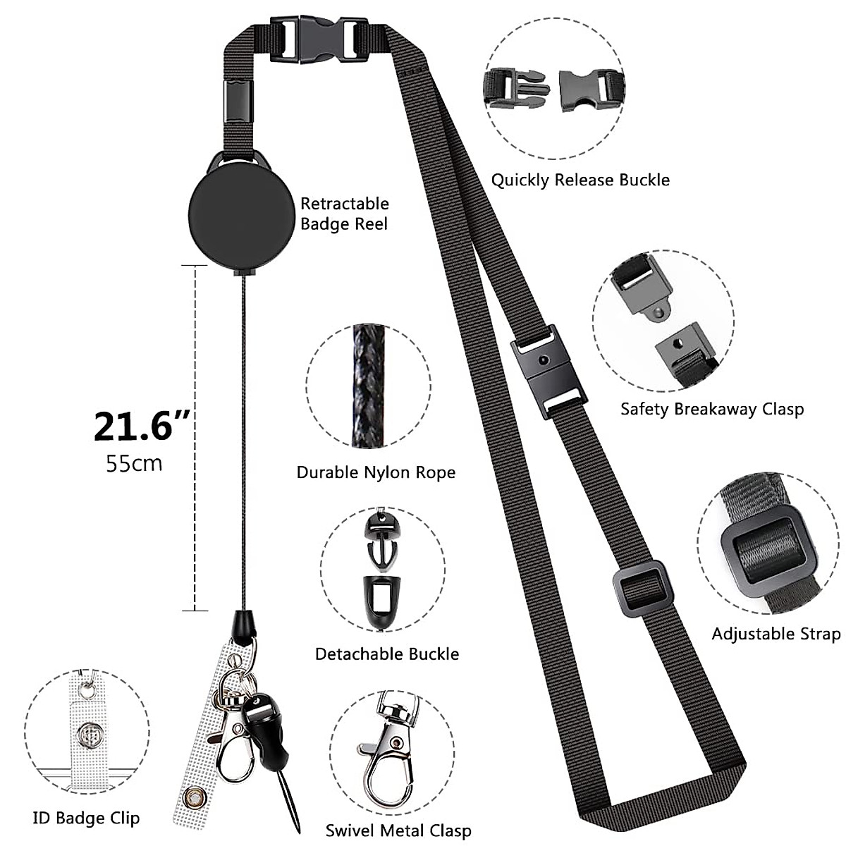 Leather Badge Holder and Adjustable Retractable Lanyards, Quick Release Buckle and Safety Breakaway Lanyards with Swivel Metal Clasp for Offices, Staff, Students, Employees