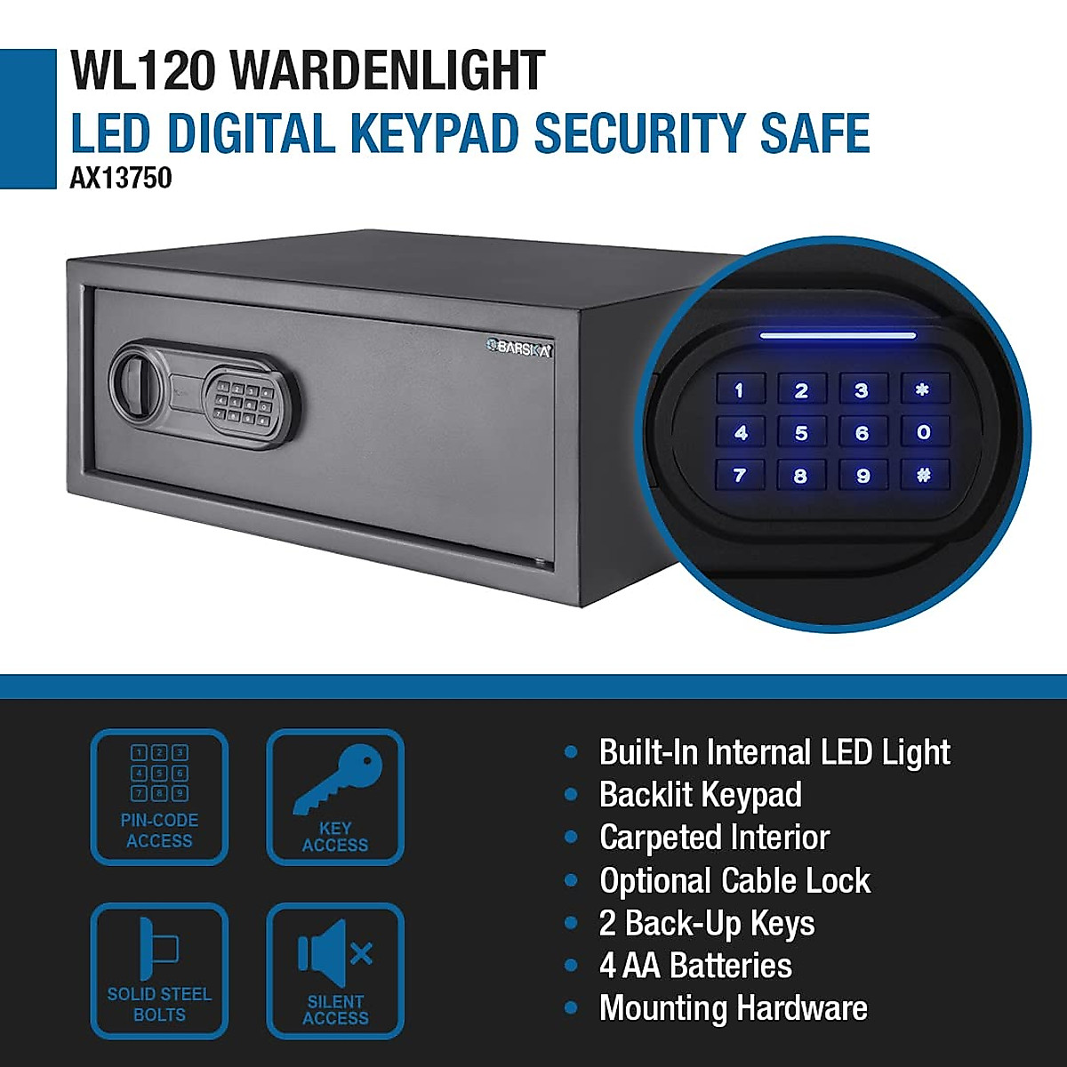 Barska 1.2 Cu. Ft Digital Keypad Safe – LED Interior Light, Extra-Wide for Laptops, Silent Mode, Steel Security Safe