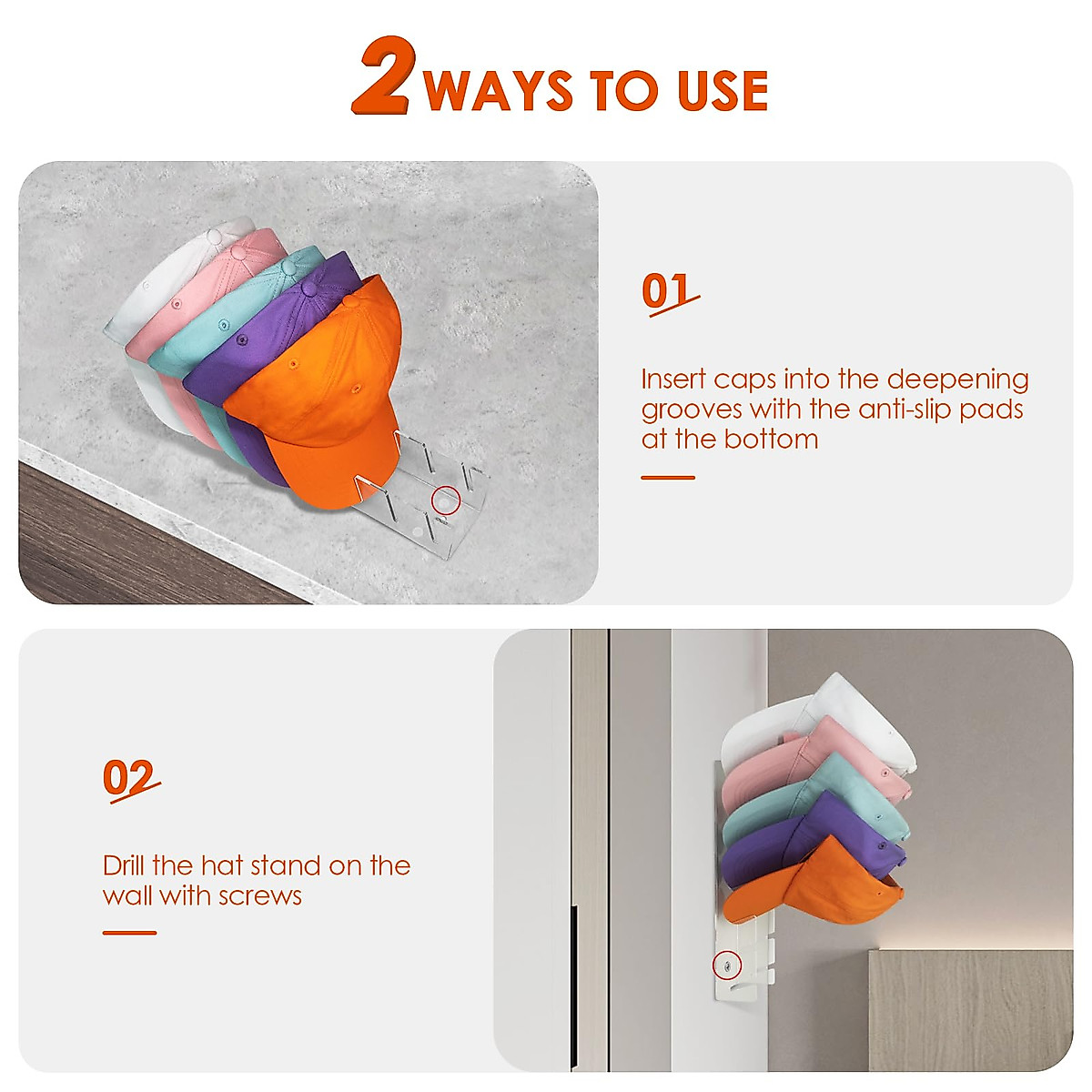 Hat Stand for Baseball Caps, 2 Pack Hat Organizer and Display, Acrylic Hat Rack for 14 Baseball Caps for Bedroom, Closet, Dresser, Entryway, Office