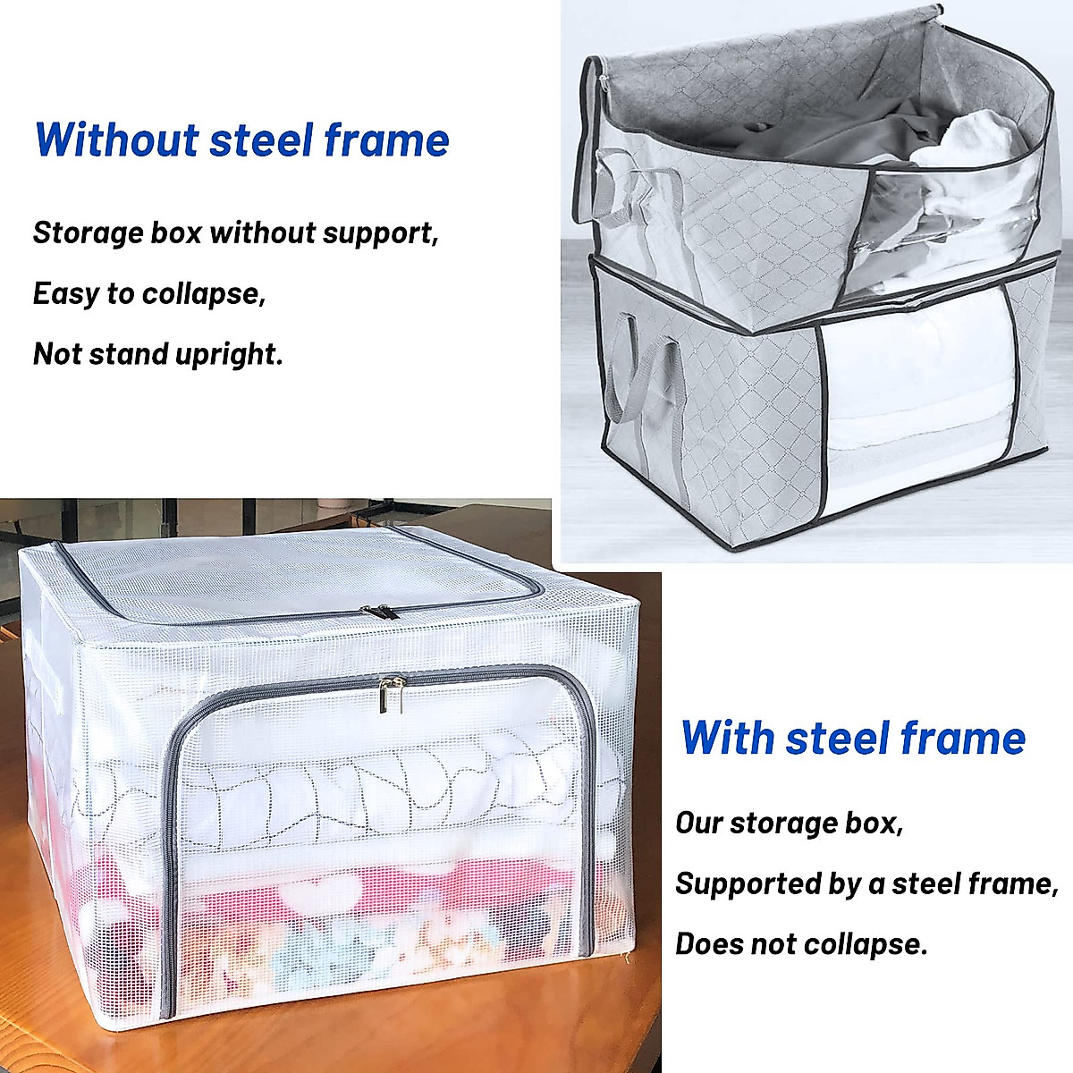 PENGFULL 2 Pack PVC Clear Window Storage Bins,Large Foldable Storage Bins Boxes with Steel Frame, Stackable Container Organizer Set with Carrying Handles,2 Clear Windows,Front Window Take Out, 66L