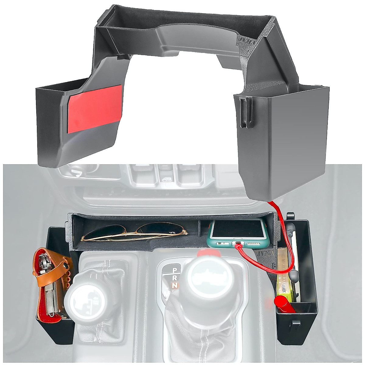 JVMA Center Console Gear Shift Organizer Tray for Jeep Gladiator Accessories and Jeep Wrangler JL JLU 2025 2024 2023 2022-2018 Rubicon Sahara 4xe Storage Box, Car Trash Bag Hook (US Patent) Interior