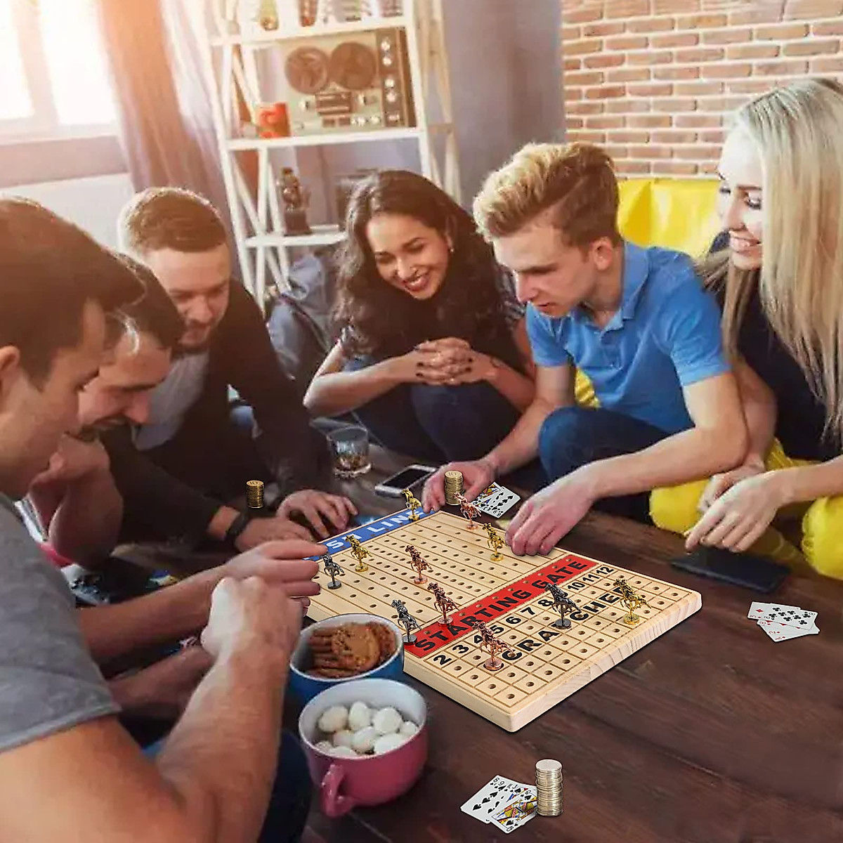 Grhonior Large 21 inches Horse Racing Board Game with 11 Luxury Metal Horses Thickened Wood Game Chessboard Including Dice and Cards FINISH LINE Race Game Board