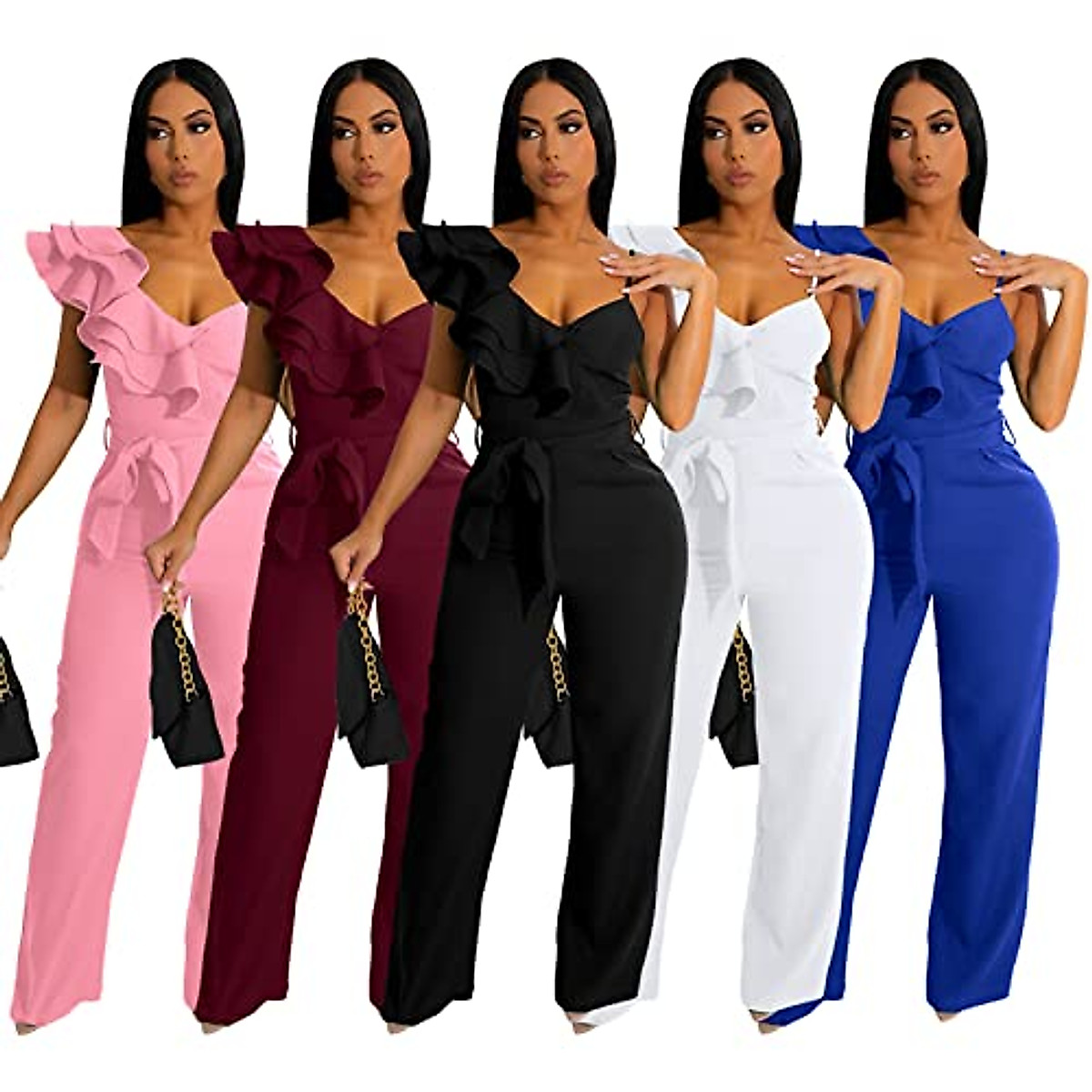 kaimimei Womens Casual Jumpsuits V-Neck Sleeveless Ruffle Backless Belted Wide Leg Pant Sexy Romper Party Clubwear Barbie Pink L