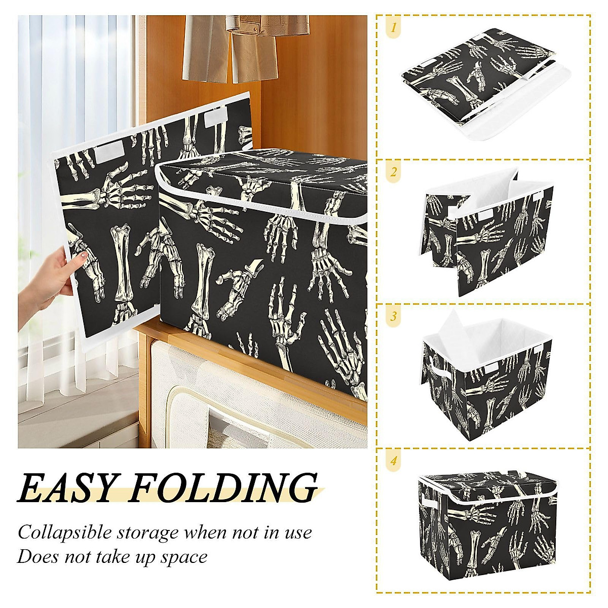 senya Halloween Baskets Collapsible Storage Bins with Lids, Skeleton Hands Halloween Storage Boxes Clothes Baskets for Organizing