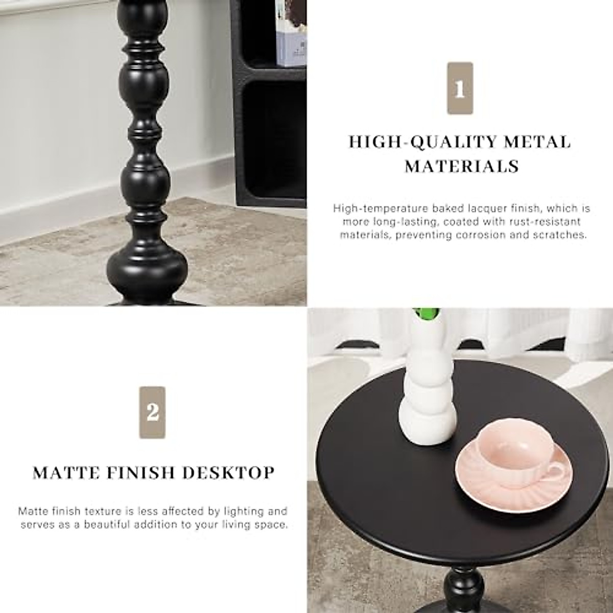 XIV Metal Small End Table, Black Round Side Table, Matte Accent Coffee Drink Table for Small Spaces, Pedestal Table for Sofa, Bedroom, and Living Room Corners - 15.7'' x 21'' (Black)