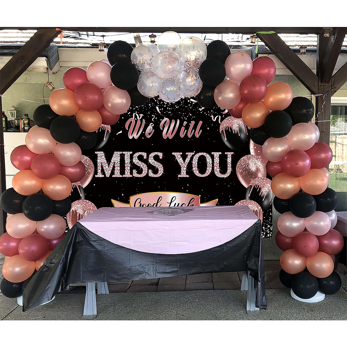 Retirement Farewell Party Backdrop We Will Miss You Rose Gold Glitter Balloon Photography Background Goodbye Going Away Retirement Bye Office Work Graduation Party Decoration 7x5FT