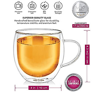 Teabloom Oversized Insulated Borosilicate Glass Mugs (17 oz / 500 ml) – Set Includes 2 Mugs + 2 Blooming Teas – Premium Quality Microwave Safe Glasses