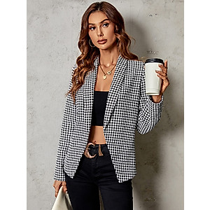 WDIRARA Women's Plus Size Houndstooth Print Long Puff Sleeve Open Front Jacket Blazer Multicoloured L