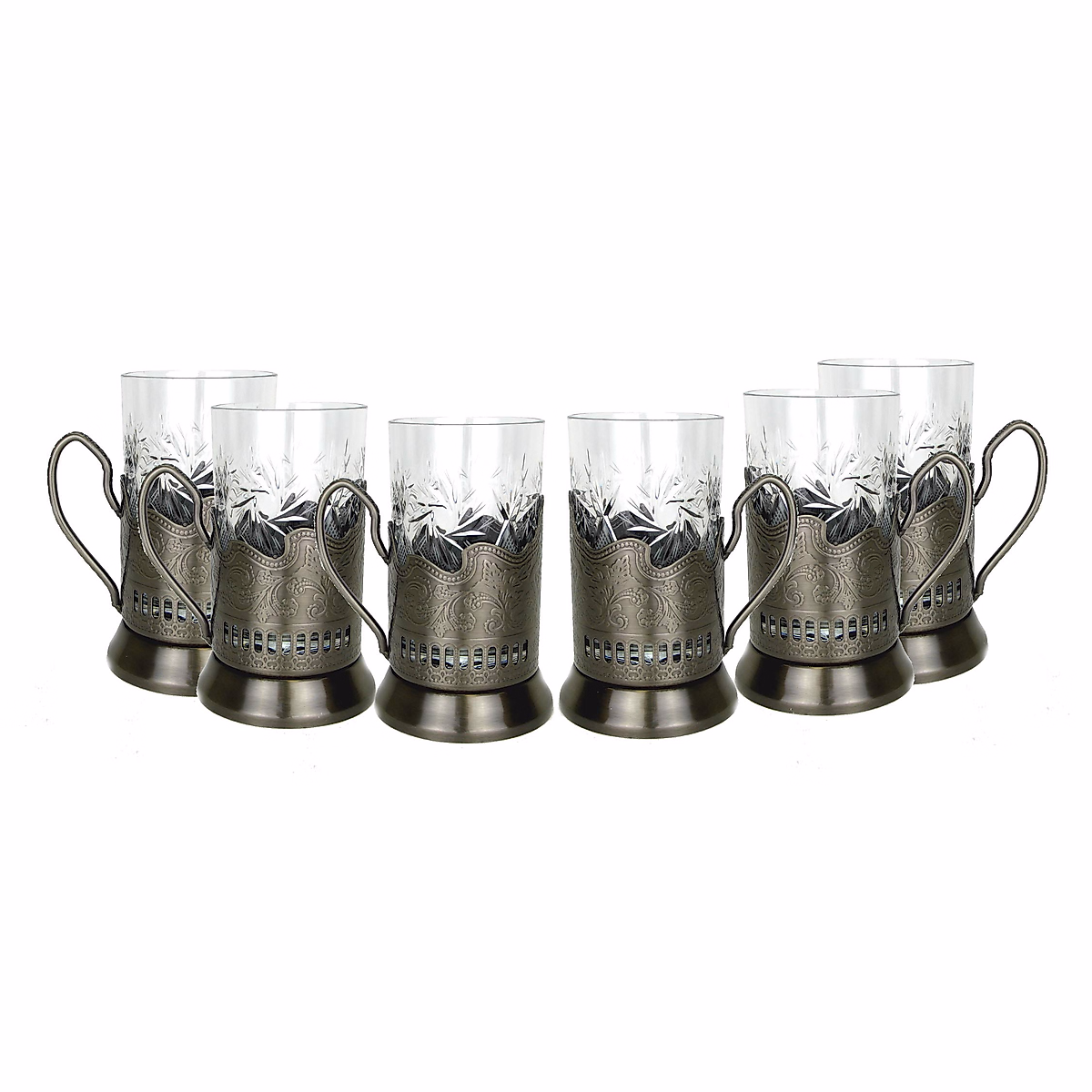 Combination 6 Russian CUT Crystal Drinking Tea Glasses W/metal Glass Holders "Podstakannik" for Hot or Cold Liquids