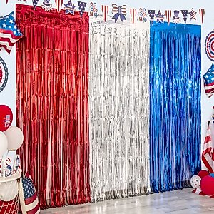 LOLStar 4th of July Decorations,Red White Blue 3 Pack America Tinsel Foil Fringe Curtains,4th of July Photo Booth Prop Streamer Backdrop for Independence Day,Memorial Day,Labor Day Patriotic Party