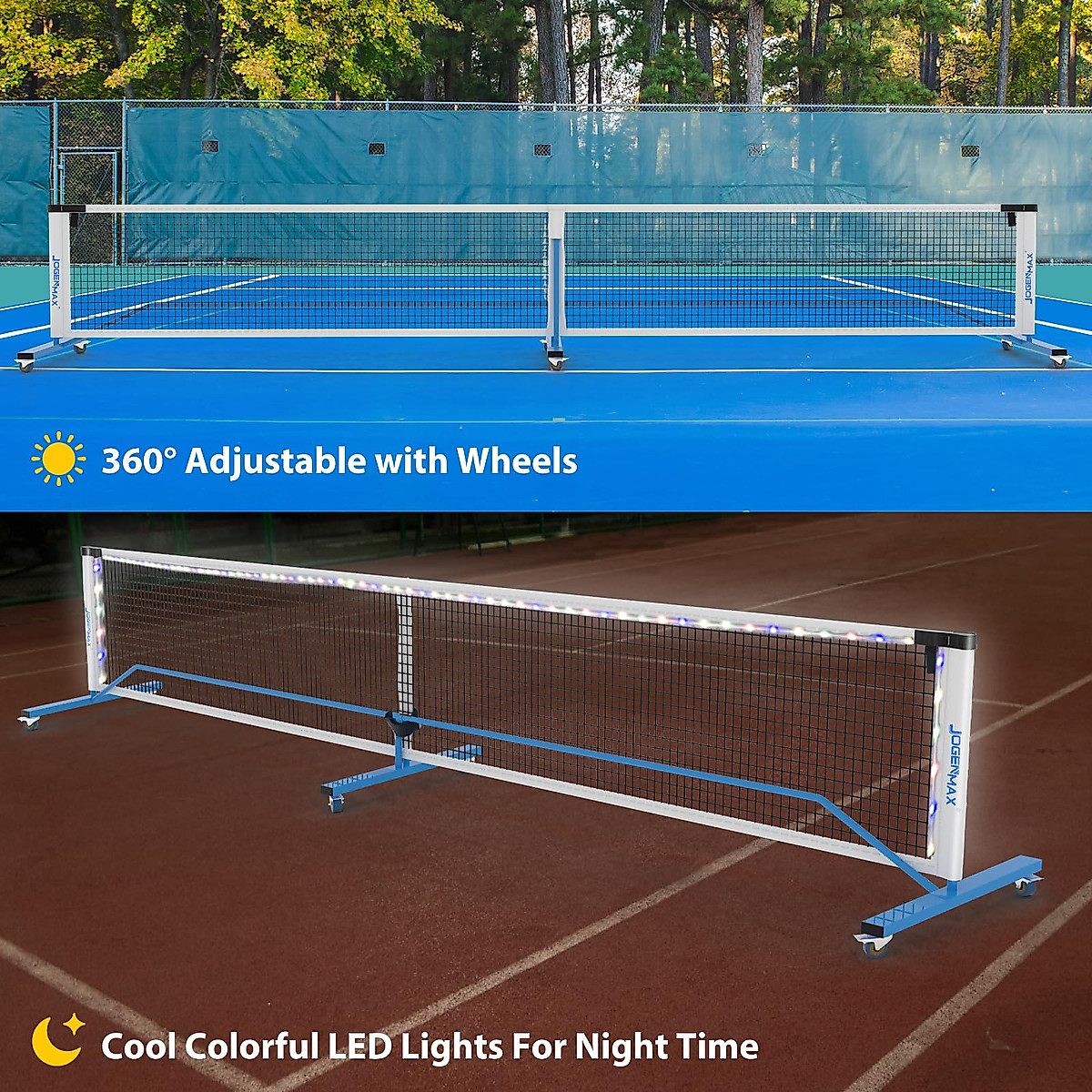 JOGENMAX Portable Pickleball Net System with Lockable Wheels, Metal Frame Pickleball Court with LED Light, Regulation Size Net with Durable Carrying Bag, and 4 Pickleball Rackets.