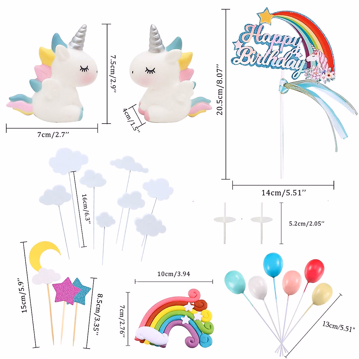 MOVINPE 21pcs Unicorn Cake Topper Kit Cloud Rainbow Balloon Happy Birthday Banner Cake Decoration For Boy Girl Kid Birthday