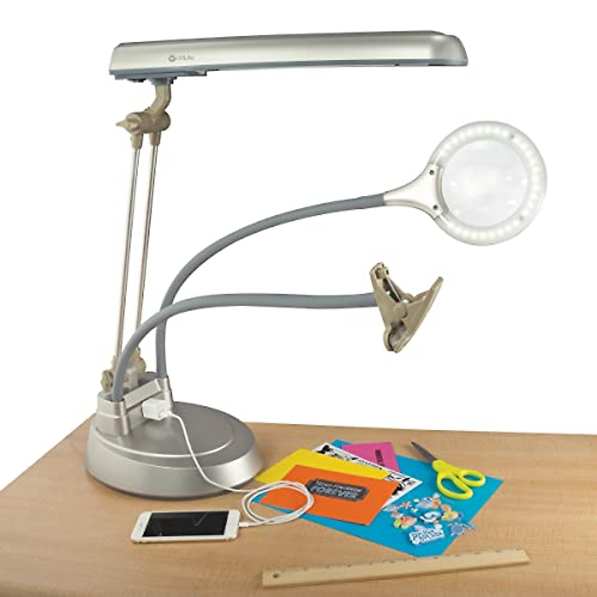 OttLite Ultimate 3-in-1 Craft Lamp, (Floor, Table and Clamp-On Lamp) 24w Energy Efficient Light Bulb for Bright Natural Daylight - Built-in Outlet, Adjustable Neck, 2X Magnifier & Versatile Height