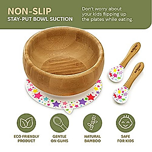 Nutrichef Baby and Toddler, 3 Compartment Plate, Bowl, and Spoon Feeding Set- Silicon Suction, Non-Toxic All Natural Bamboo Baby Food Plate with Silicon Bib