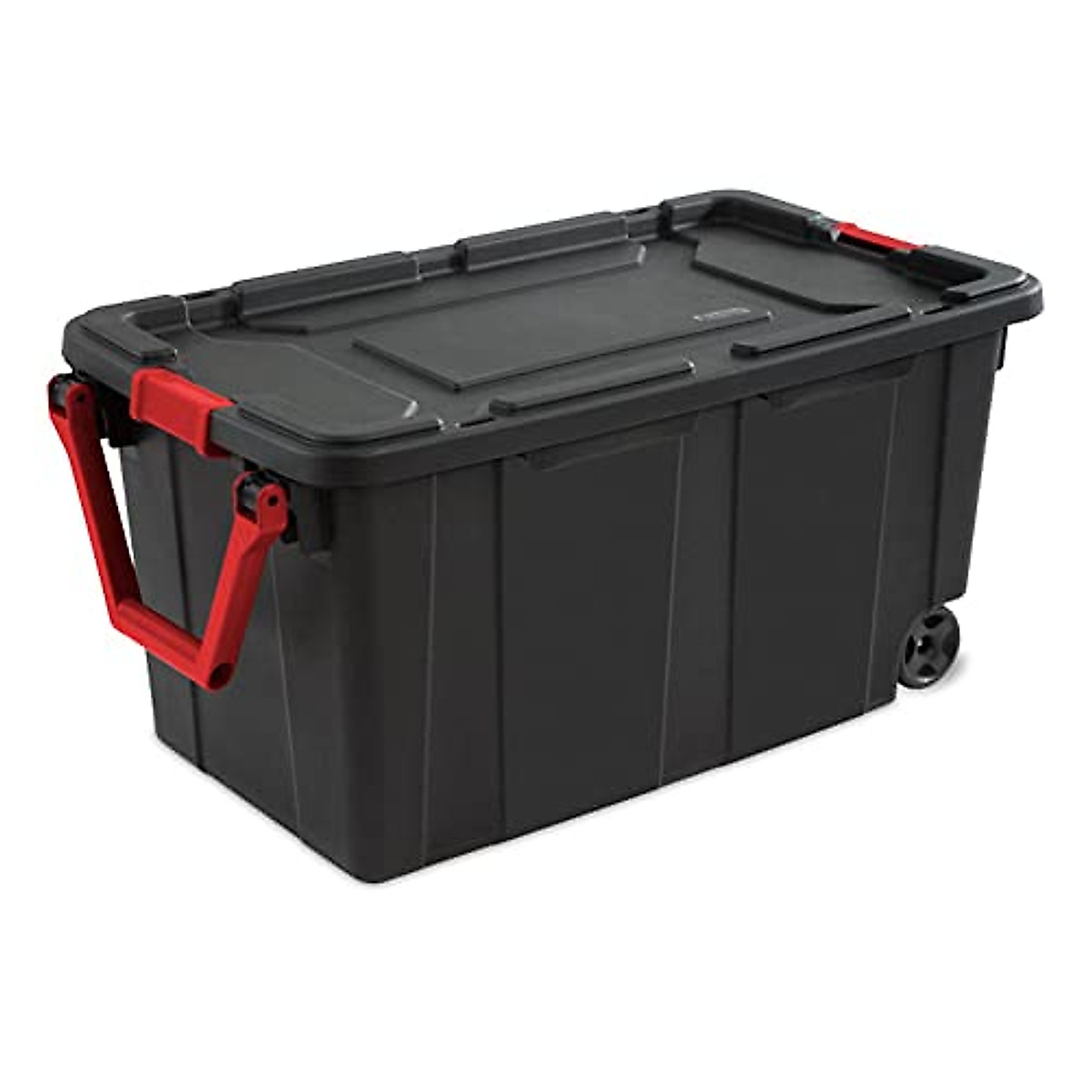 Sterilite 40 Gal Wheeled Industrial Tote, Stackable Storage Bin with Latch Lid, Plastic Container with Heavy Duty Latches, Black Base and Lid, 4-Pack