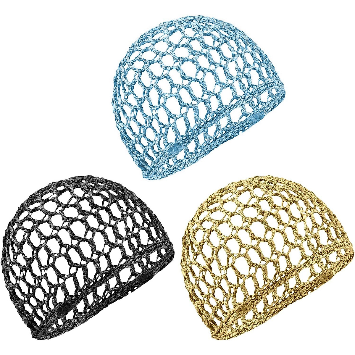 Framendino, 3 Pack Mesh Crochet Hair Net Rayon Knit Snoods Hat Thick Hairnet Snood Cover Ornament for Night Sleeping Hair Accessories (Blue & Black & Khaki)