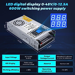 BOSYTRO 48V Adjustable dc Power Supply 600W,Switching Power Supply AC 110V/220V to DC 0-48V DC Converter with LED Digital Display, 5V 24V 36V Buck Converter for Dimmable LEDs,3D Printer,Computer Lab