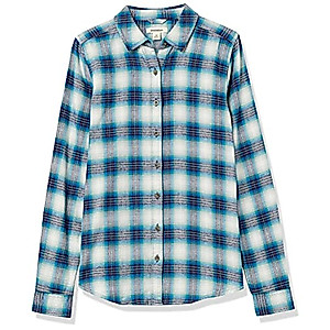 Goodthreads Women's Brushed Flannel Drop-Shoulder Long-Sleeve Shirt, Blue White Tartan, Large