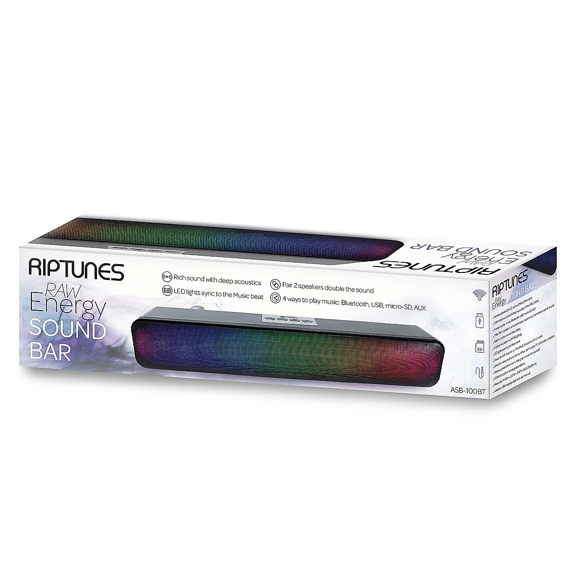 Riptunes Portable Bluetooth Sound Bar with 6 Changing LED Lights, Built-in Mic, Dynamic RGB Stereo Speaker for Desktop/Laptop/Phone/TV, Compatible w/USB/Micro-SD/AUX Line-in - Black