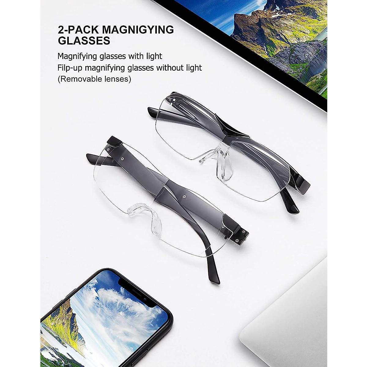 SKYWAY 160% Magnifying Glasses with LED Light, Rechargeable Lighted Magnifier Eyeglasses for Reading Small Prints Labels, Close Work, Needlepoint Sewing Crafts Hobbies Hands Free 2-Pack 1.6X