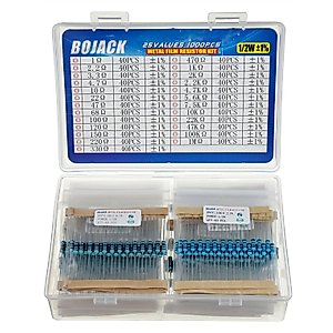 BOJACK 1000 Pcs 25 Values Resistor Kit 1 Ohm-1M Ohm with 1% 1/2W Metal Film Resistors Assortment