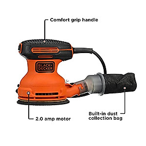 BLACK+DECKER Orbital Sander, 5 Inch, 2.0 Amp, 12000 OPM, Corded, 1 Sandpaper Sheet and Dust Bag Included (BDERO100)
