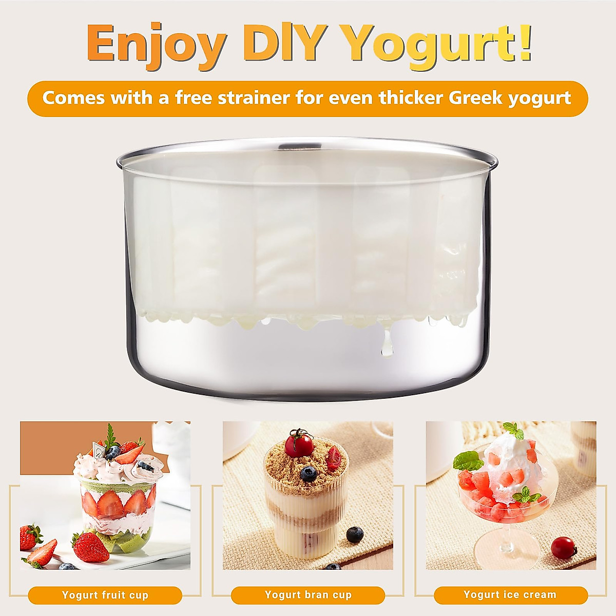 Yogurt Maker, Greek Yogurt Maker with Timer Control and Strainer, Yogurt Maker Machine with Stainless Steel Liner, Electric Portable Yogurt Maker for Yogurt, Greek Yogurt, Cheese, Natto (White)