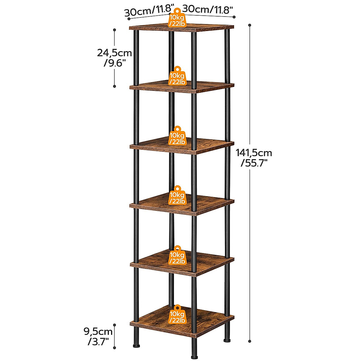 HOOBRO 6-Tier Corner Shelf, Corner Square Rack Display Shelf, Tall Storage Rack Plant Stand, Corner Bookcase for Small Spaces, Living Room, Home Office, Kitchen, Rustic Brown and Black BF55CJ01
