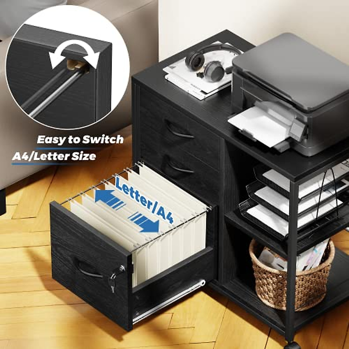 Himusi File Cabinet, Filing Cabinets for Home Office with Lock and USB Charging Port, 3 Drawer Wood File Cabinets for A4/Letter Size, Printer Stand with Storage