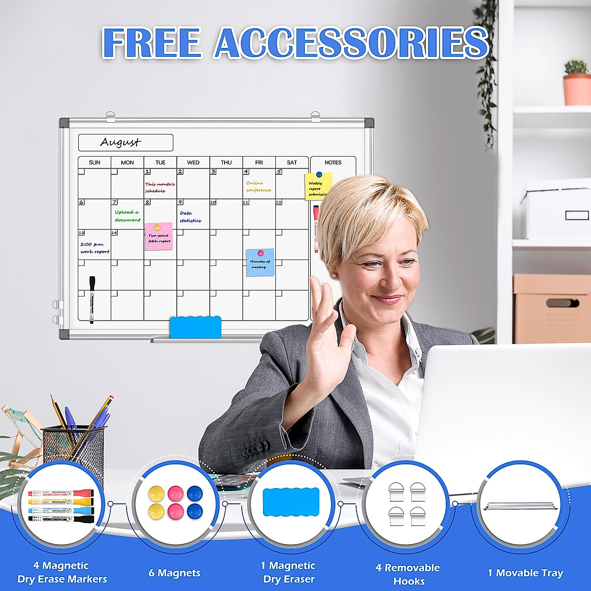 Monthly Calendar Dry Erase Whiteboard for Wall, 24" x 18" Magnetic Calendar White Board, Double-Sided Portable Board for Office, Kitchen, School, Home