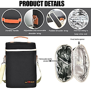 Insulated Leakproof Wine Cooler Bag, Portable Padded Wine Bottle Carrier for Picnic, BYOB, Restaurant, Beach - 2 Bottle, 14" x 9.2" x 4" (Black)