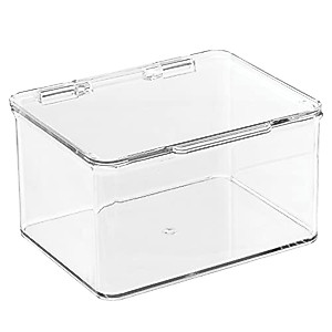 mDesign Plastic Household Stackable Storage Organizer Box Containers with Hinged Lid for Bedroom, Bathroom, Entryway, Hallway, Kitchen, Garage, Playroom, or Craft Room, Clear