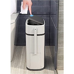 KLGO 14 Liter Slim Plastic Trash Can with Lid,3.7 Gallon Double Barrel Waste Basket,Rectangular Press Garbage Container Bin for Bathroom,Bedroom,Kitchen and Office,White