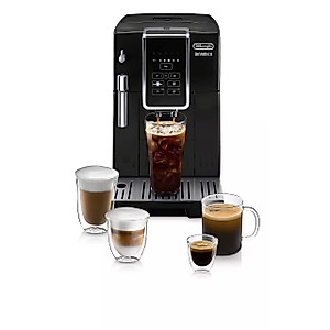 De'Longhi ECAM35020B Dinamica Automatic Coffee & Espresso Machine TrueBrew (Iced-Coffee), Black & DeLonghi Double Walled Thermo Espresso Glasses, Set of 2, Regular, Clear