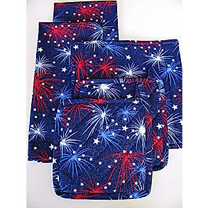 Fireworks & Stars Patriotic Cloth Napkins (Set of 2) Made in USA Patriotic Cotton Navy Blue/Red/White Glitter