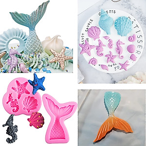 Mermaid Molds Silicone Mermaid Fondant molds Marine Theme Chocolate Polymer Clay Candy Soap Molds Mermaid Tail Seashell Coral Turtle Starfish Seahorse for Homemade Baking DIY