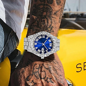 Men's Diamond Watch Fashion Crystal Rhinestone Quartz Analog Watch Iced-Out Bracelet Wrist Watch (Silver Blue)