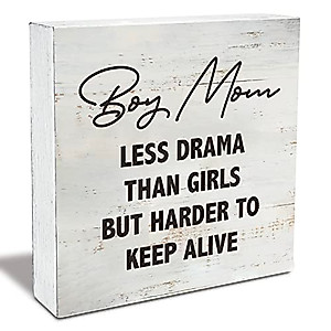 Boy Mom Less Drama Than Girls But Harder to Keep Alive Wood Box Sign Rusitc Wooden Box Sign Farmhouse Home Office Desk Shelf Decor (5 X 5 Inch)