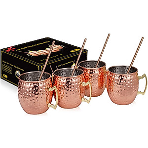 Widousy Moscow Mule Copper Mugs - Set of 4-HANDCRAFTED - Solid Copper Mugs 16 oz Gift Set with BONUS ：4 Cocktail Copper Straws