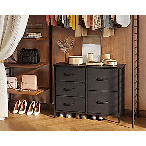 AODK Dresser for Bedroom Dresser TV Stand with 5 Storage Drawers, Small Fabric Dresser Chest of Drawers for Closet Organizer Clothes, Black