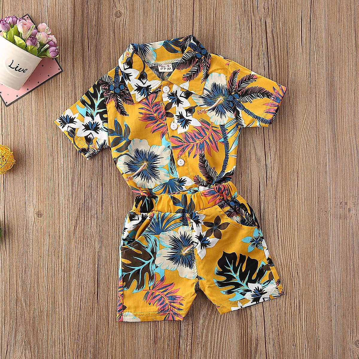 QWEP Toddler Baby Boys Summer Shorts Set Floral Outfits Button Down Shirt Top Bermuda Shorts Hawaiian Clothes 2 PCS (01 Floral Boys Shorts Coconut Yellow, 2-3T)