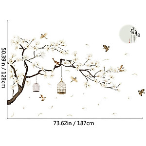 Bienstylife Peach Flower Wall Decals Tree Wall Stickers Peel and Stick Flower Wall Stickers Floral Murals for Living Room TV Background Kids Girls Room Bedroom 4 Sheets of 11.8"x35.4"